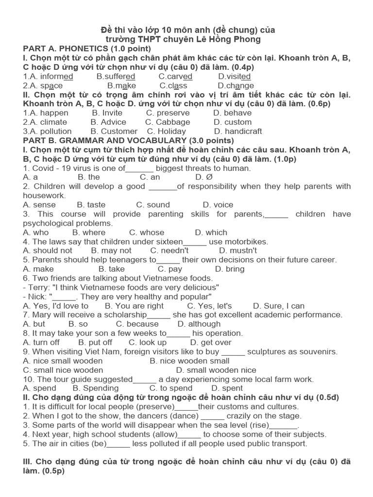 Đề thi t.a chung vào chuyên lê hồng phong | PDF