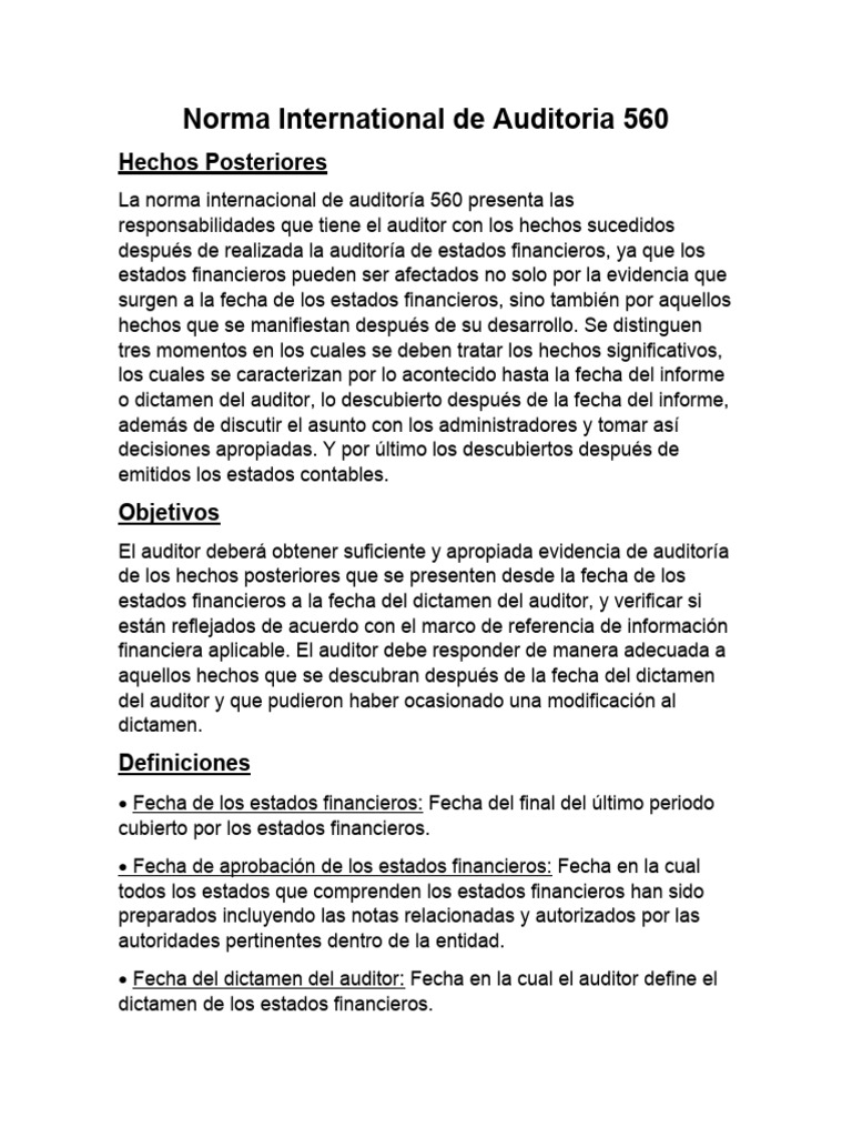 NIA 560 y 570 | PDF | Auditoría | Contralor