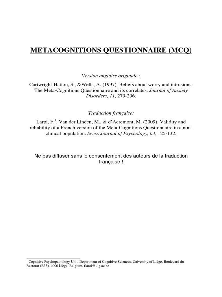 Questionnaire sur les métacognitions | PDF | Échecs