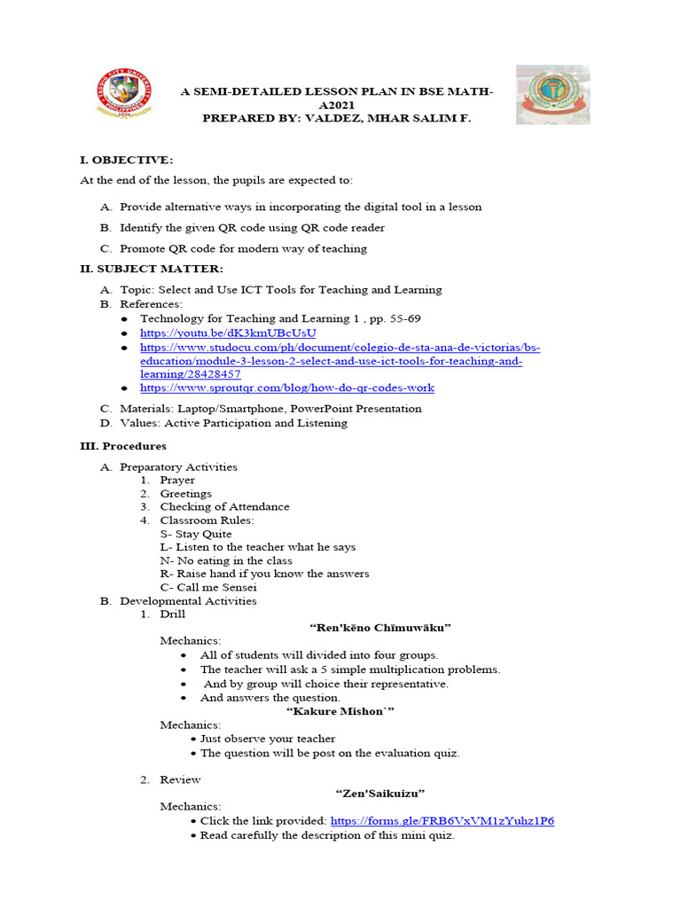 Lesson Plan For Example in Semi Detailed | PDF | Qr Code | Cognitive Science