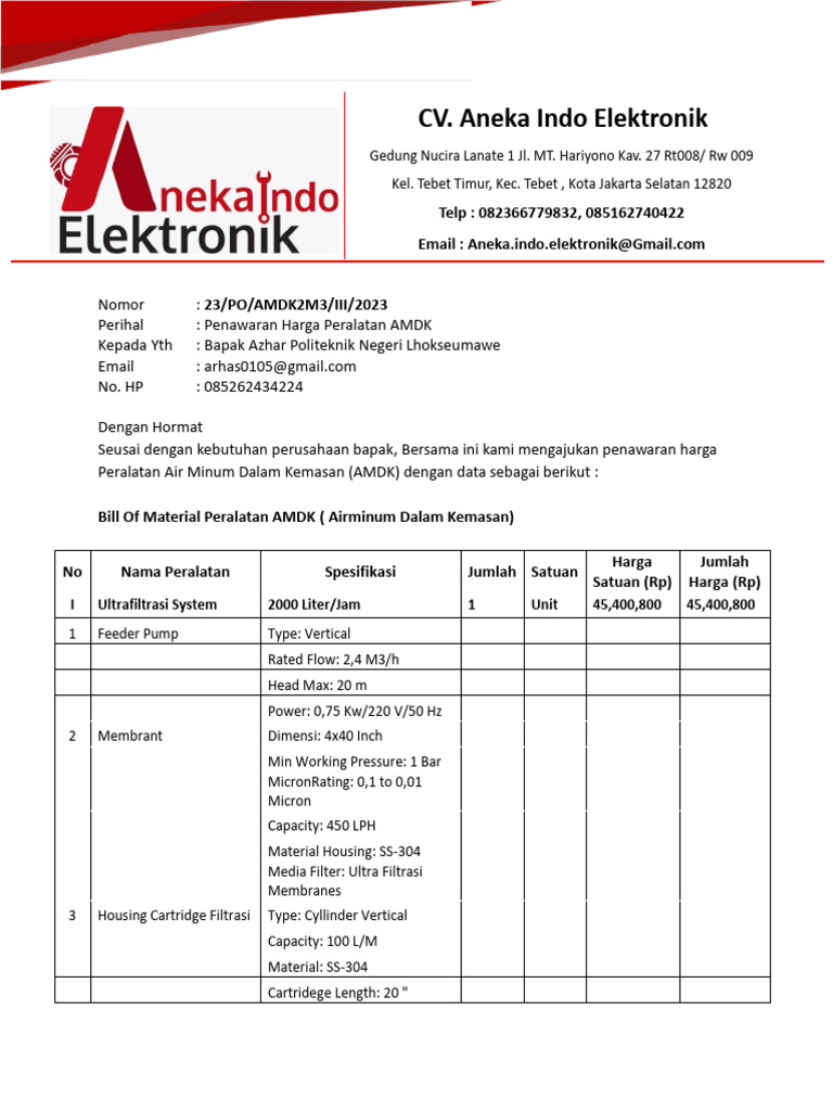 Penawaran AMDK New | PDF | Valve | Materials