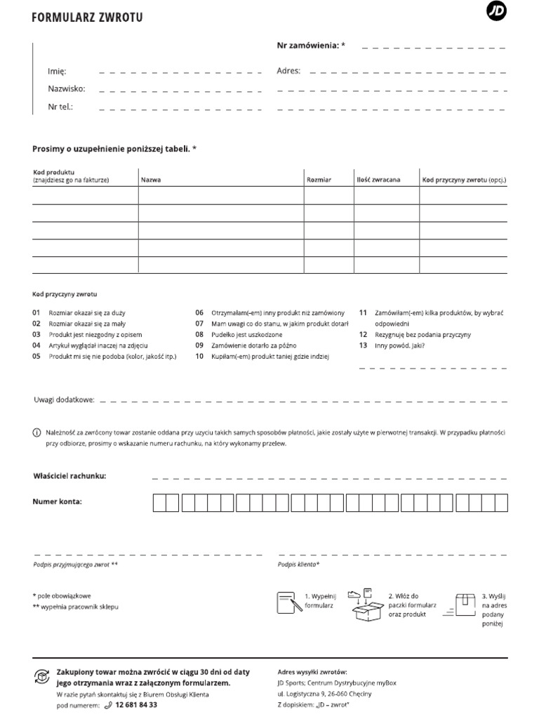 Formularz Zwrotu JD 1 | PDF