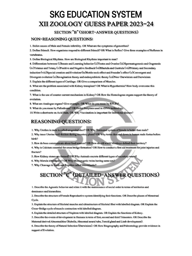 Xii Zoology Guess Paper-2024 by SKG Group.. | PDF