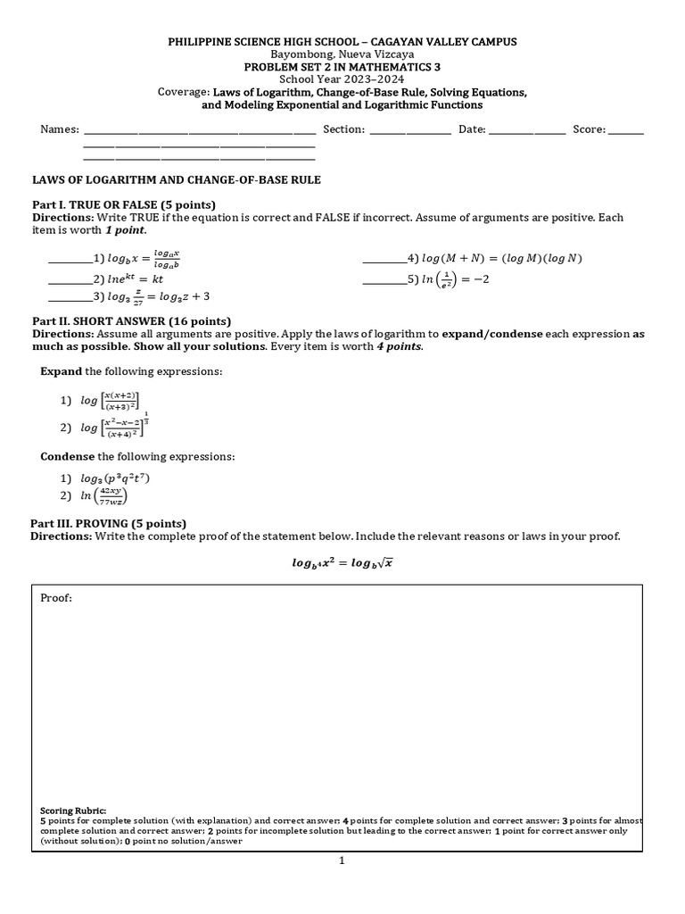 Problem Set 6 in Math 10 | PDF | Logarithm | Mathematical Proof