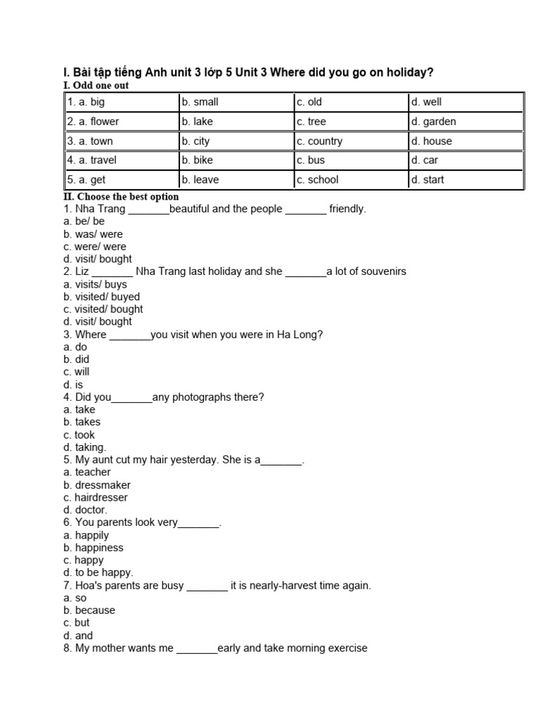 I. Bài tập tiếng Anh unit 3 lớp 5 Unit 3 Where did you go on holiday? | PDF