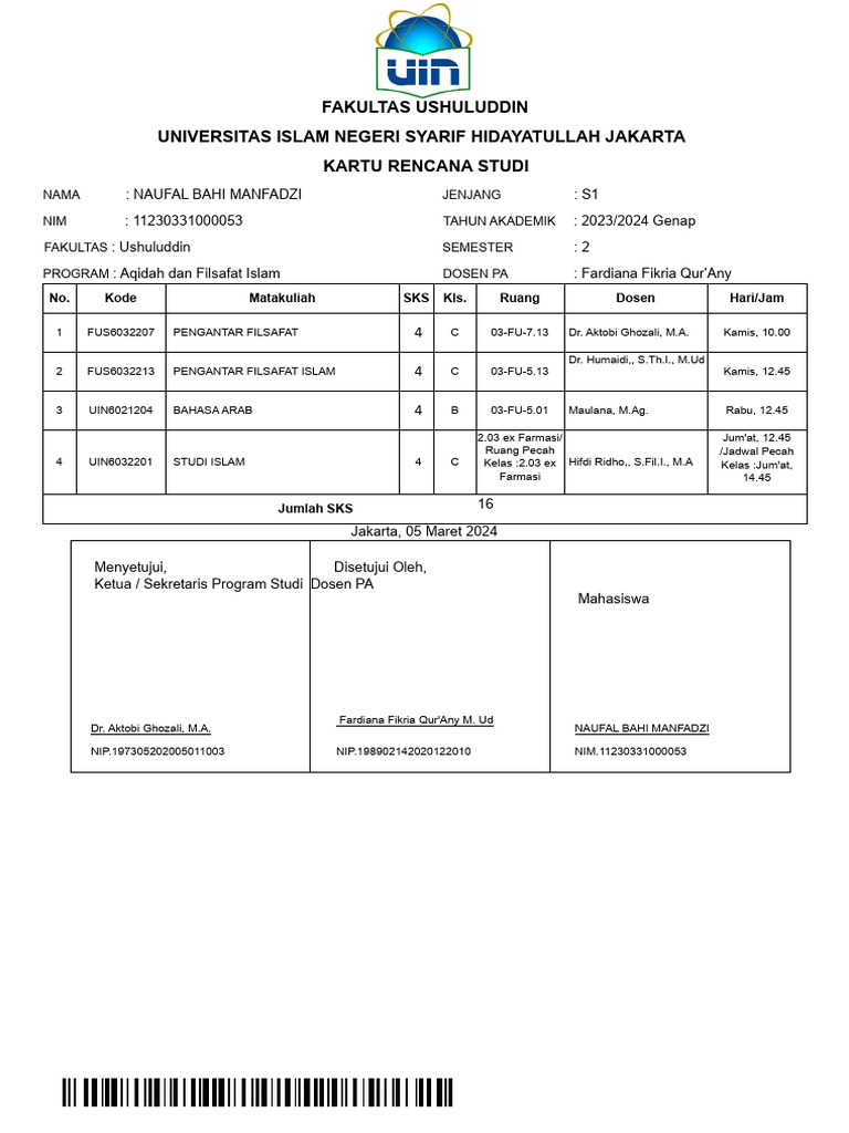 Fakultas Ushuluddin Universitas Islam Negeri Syarif Hidayatullah Jakarta Kartu Rencana Studi | PDF