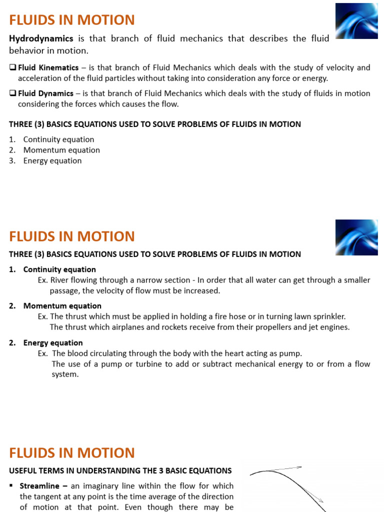 Lecture 3. Fluids in Motion Part I | PDF | Fluid Dynamics | Acceleration