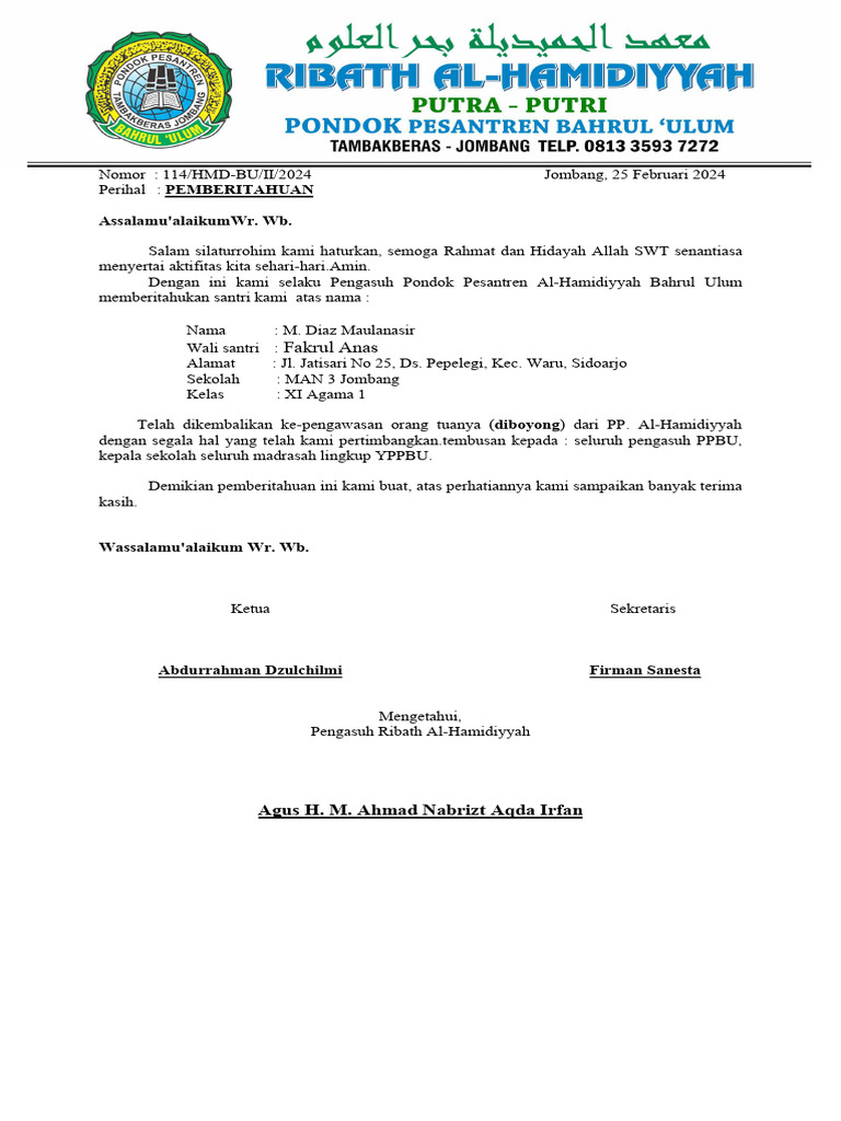 Surat Pemberitahuan Boyong | PDF