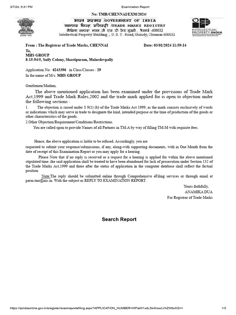 Trademark Examination Report for MHS Group | PDF