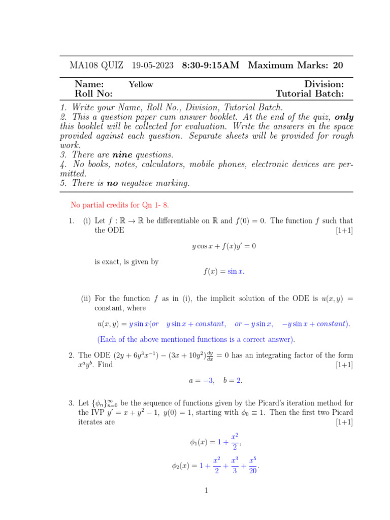Quiz Solutions - Yellow | PDF | Ordinary Differential Equation | Functions And Mappings