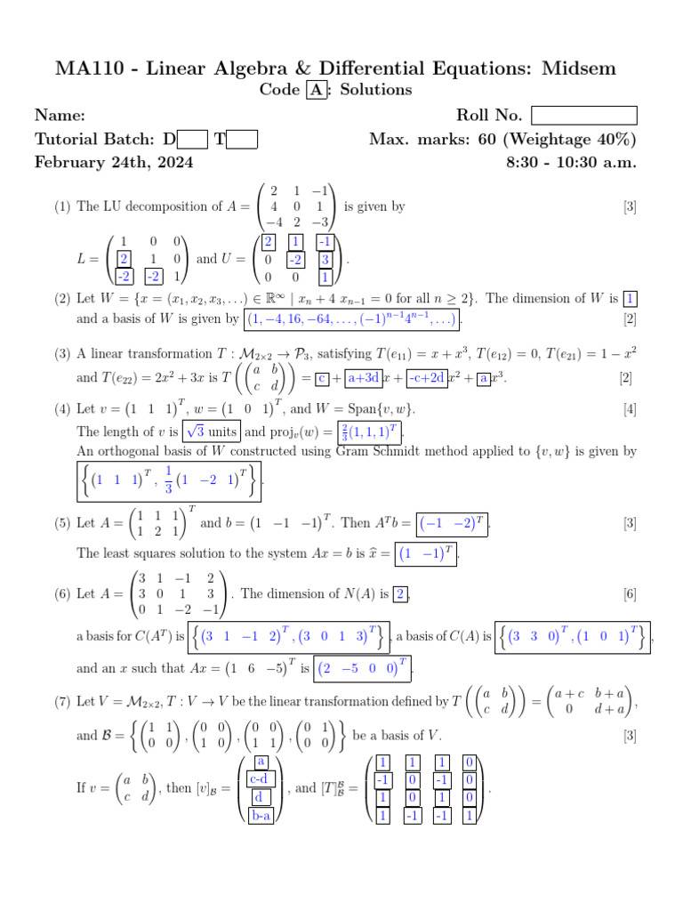 MA110 Midsem Solutions | PDF | Basis (Linear Algebra) | Linear Subspace