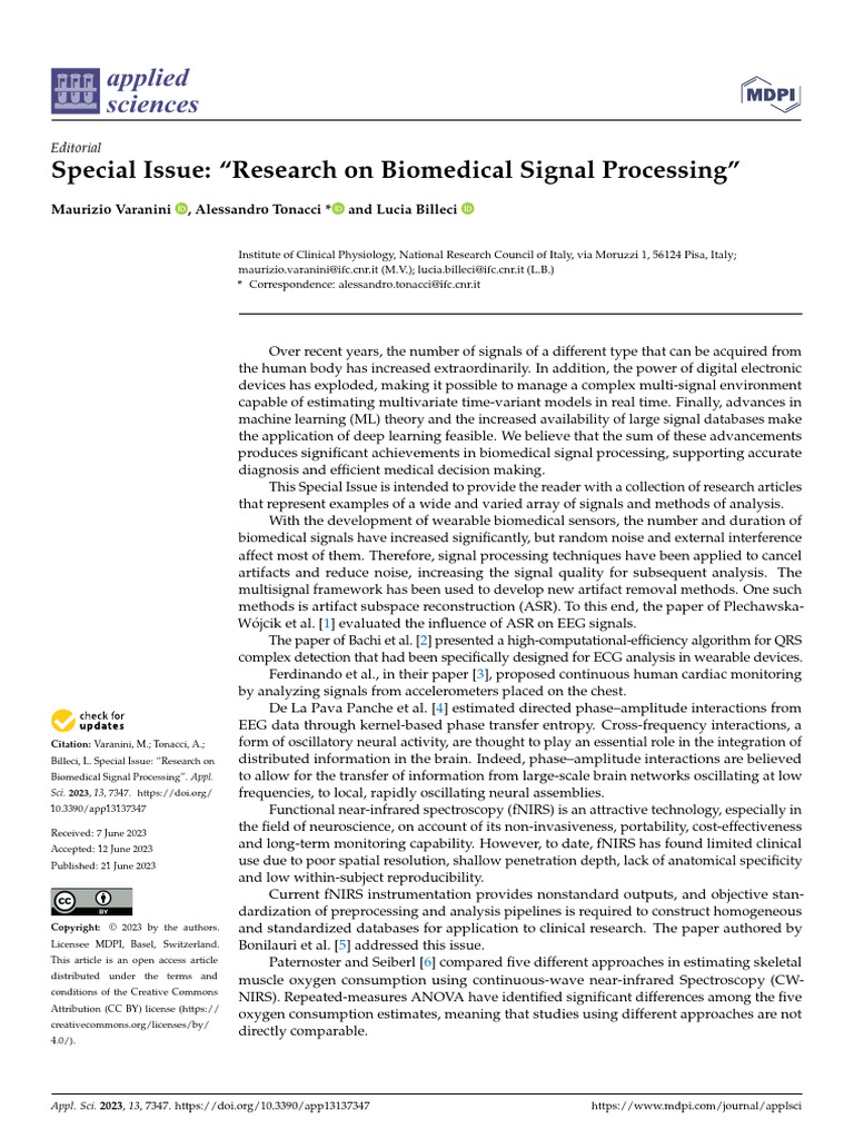 Applied Sciences: Special Issue: "Research On Biomedical Signal Processing" | PDF ...