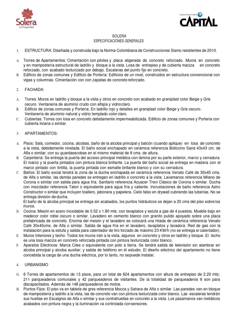 Especificaciones - Solera Constructora Capital | PDF | Hormigón ...