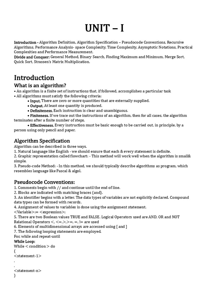 Design & Analysis of Algorithms (DAA) Unit - I | PDF | Time Complexity | Applied Mathematics