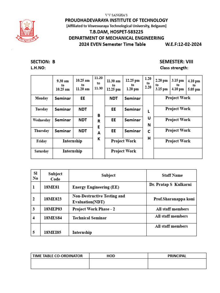 Mechanical Engineering 2024 Time Table | PDF