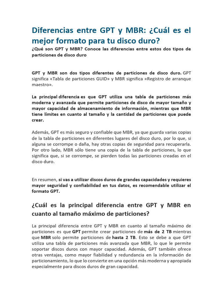 Diferencias Entre GPT y MBR | PDF | Arranque | Computadoras personales