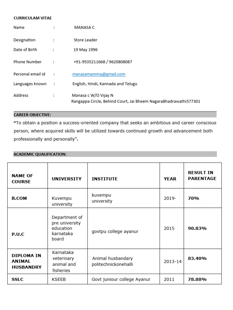 Curriculam Vitae: "To Obtain A Position A Success-Oriented Company That Seeks An Ambitious and ...