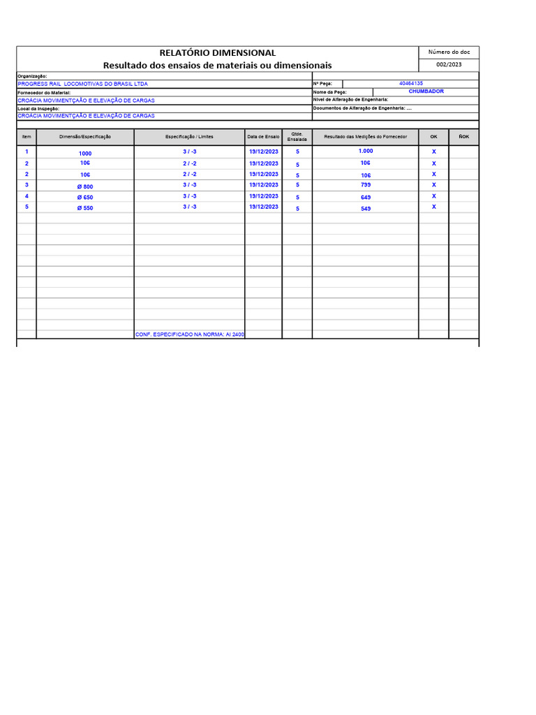 03 - Relatório Dimensional - CHUMBADOR 002 - 20223 3 | PDF | Tecnologia ...