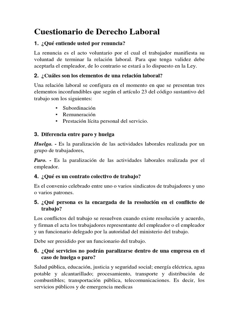 Cuestionario Final - Derecho Laboral (5782) | PDF | Derecho laboral | Salario
