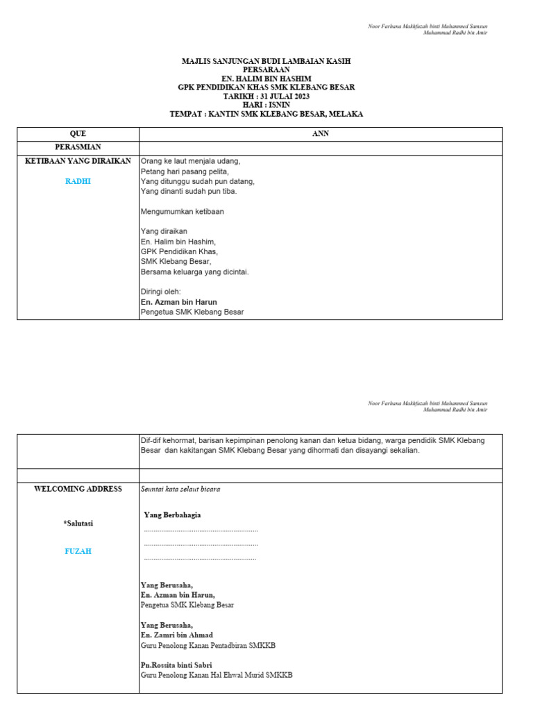 TEKS PENGACARA MAJLIS PERSARAAN CIKGU HALIM | PDF