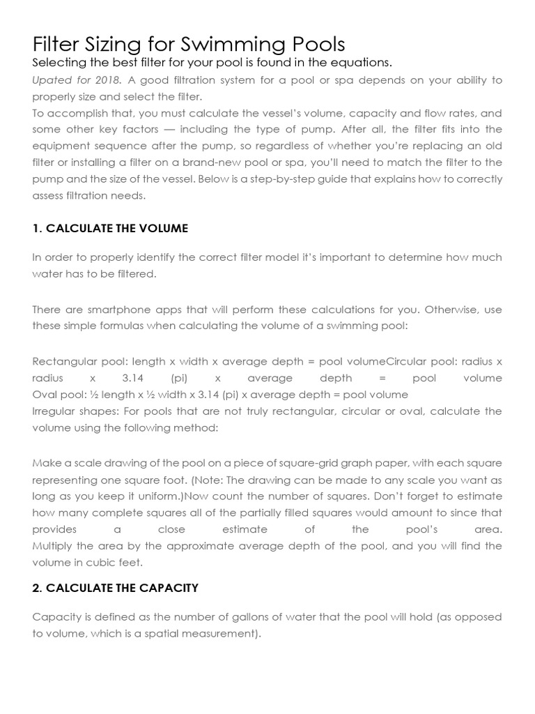 Filter Sizing For Swimming Pools | PDF