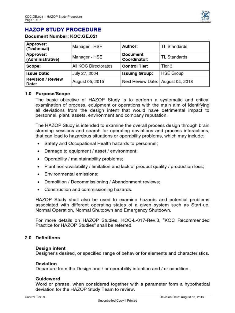.021 - HAZOP Study Procedure | PDF