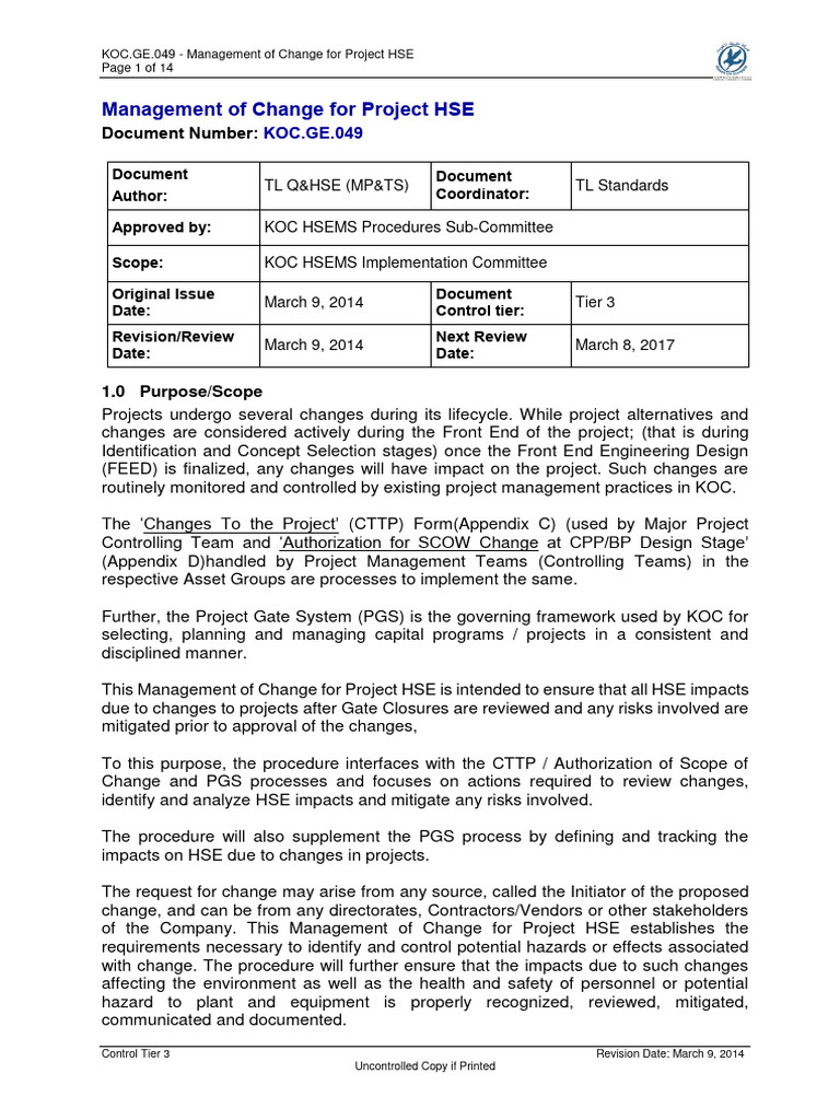 049 Management Of Change For Project Hse Pdf Project Management