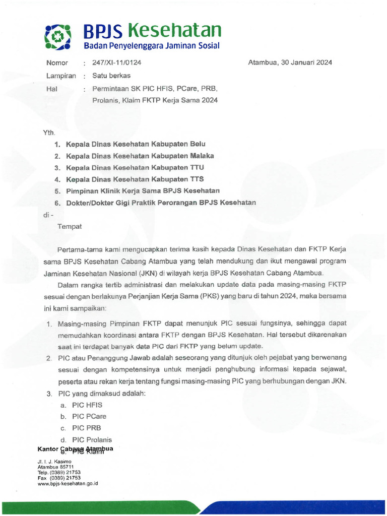 247-Permintaan SK PIC PCare, HFIS, PRB, Prolanis, Klaim FKTP | PDF