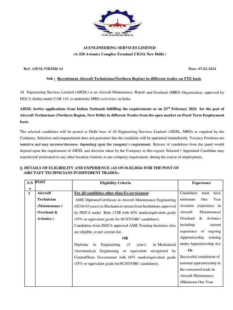 Notification 2024 Aircraft Technician | PDF