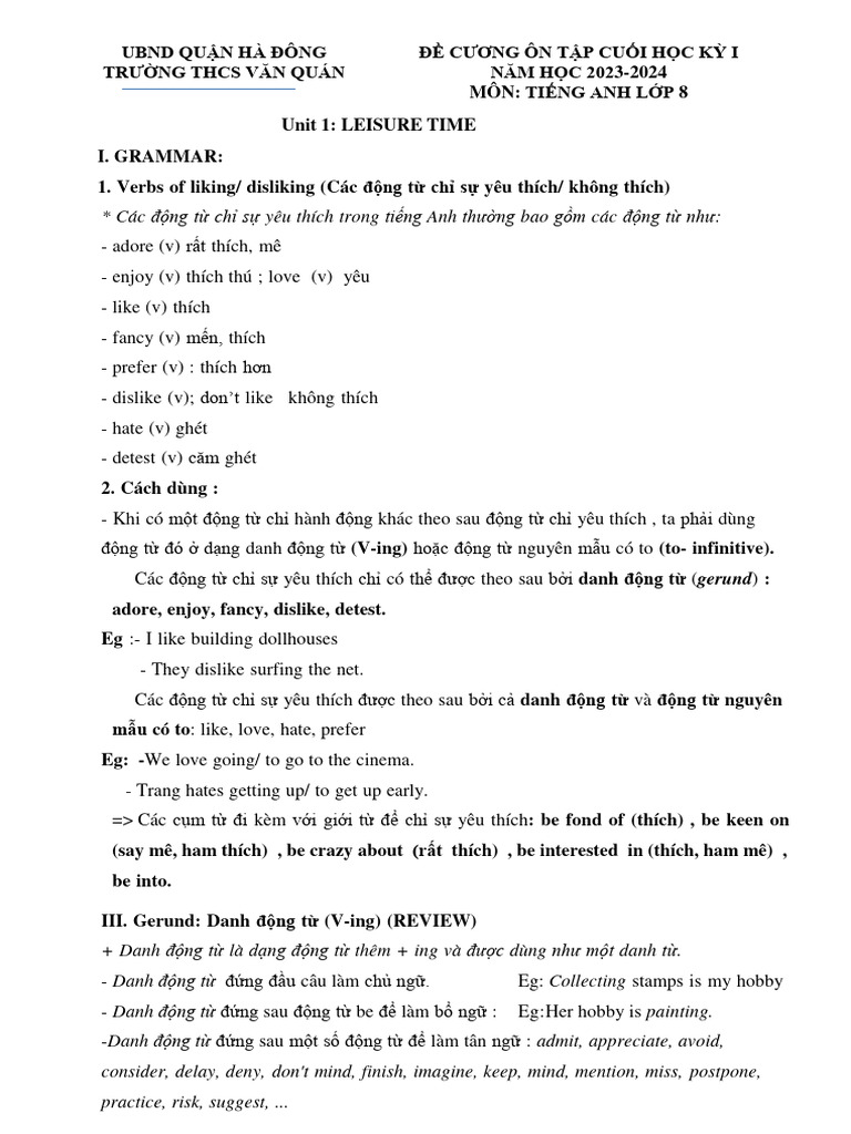 ĐỀ-CƯƠNG-ANH-8-HK1-2023-2024 | PDF