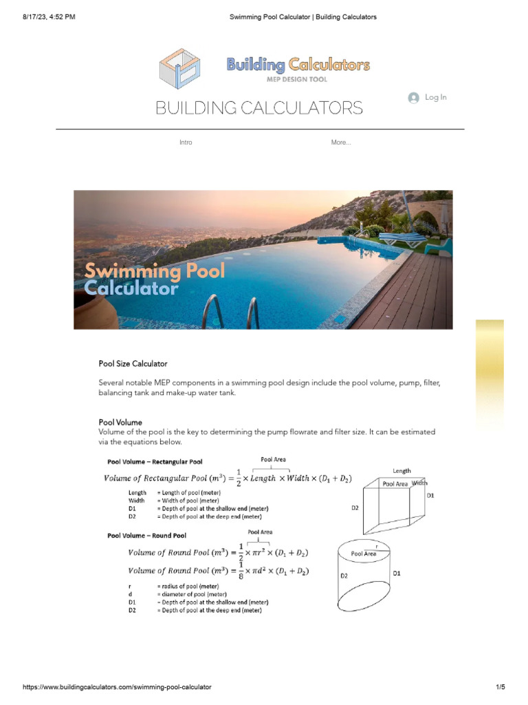 Swimming Pool Calculator - Building Calculators | PDF | Swimming Pool ...