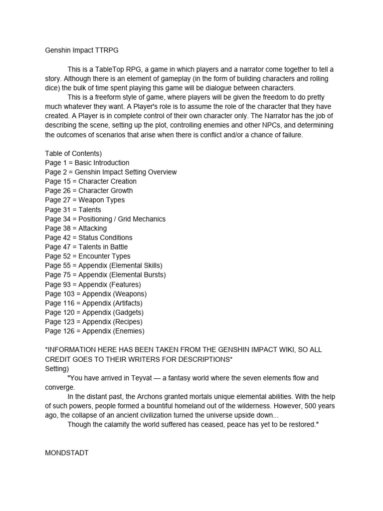 Genshin Tabletop RPG | PDF | Role Playing Games