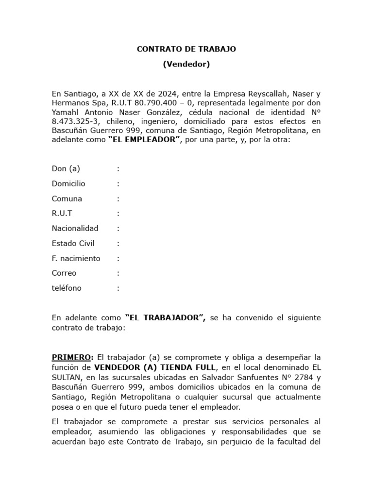 CONTRATO DE TRABAJO (Vendedor) | PDF | Business | Derecho laboral