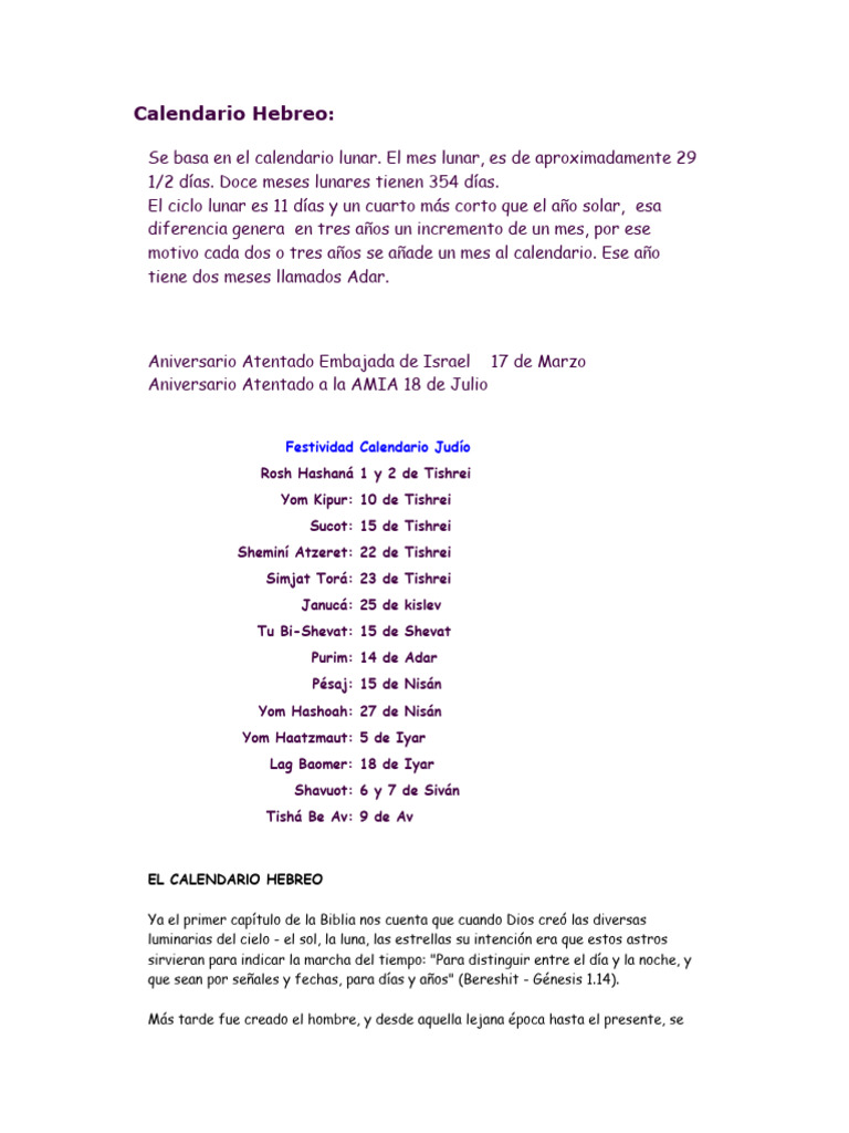 Calendario Hebreo y Fiestas Judías 2025 | PDF | Calendario hebreo ...