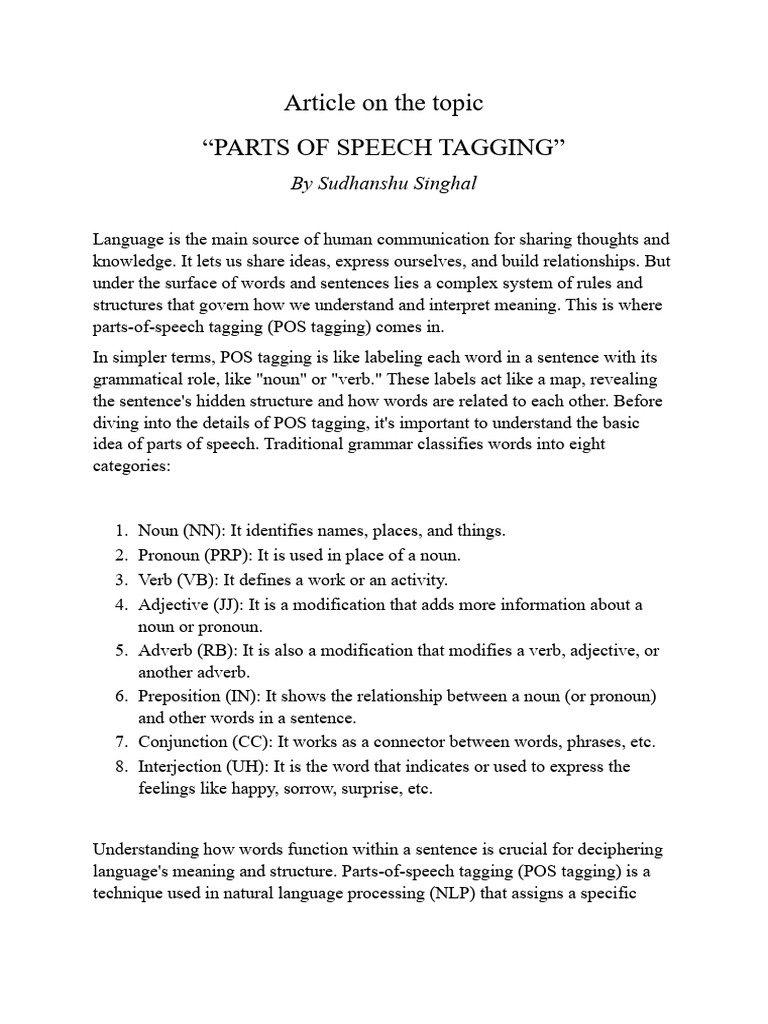 Parts Of Speech Tagging Article Pdf Part Of Speech Machine Learning