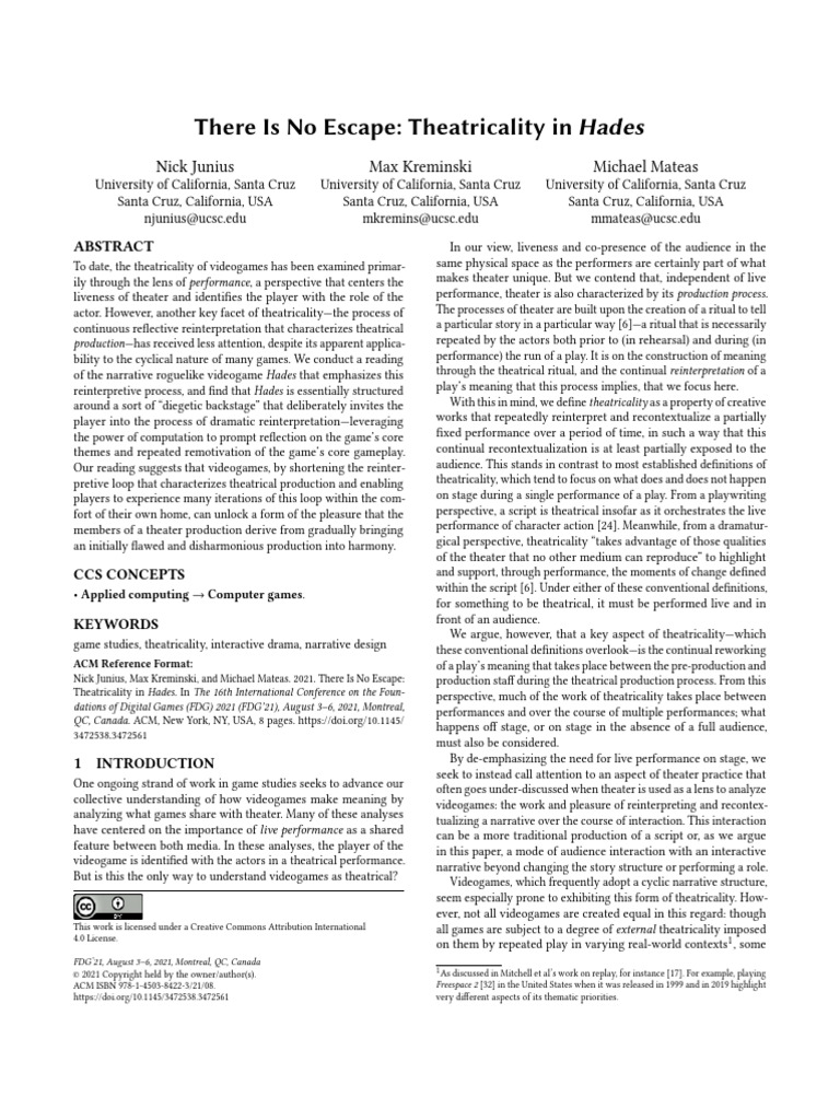 There Is No Escape: Theatricality in Hades: Nick Junius Max Kreminski Michael Mateas | PDF ...