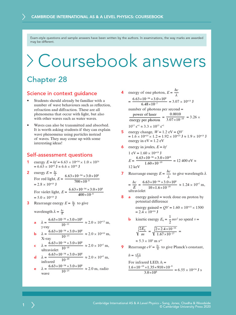 Coursebook Answers Chapter 28 Asal Physics | PDF | Electronvolt | Photoelectric Effect