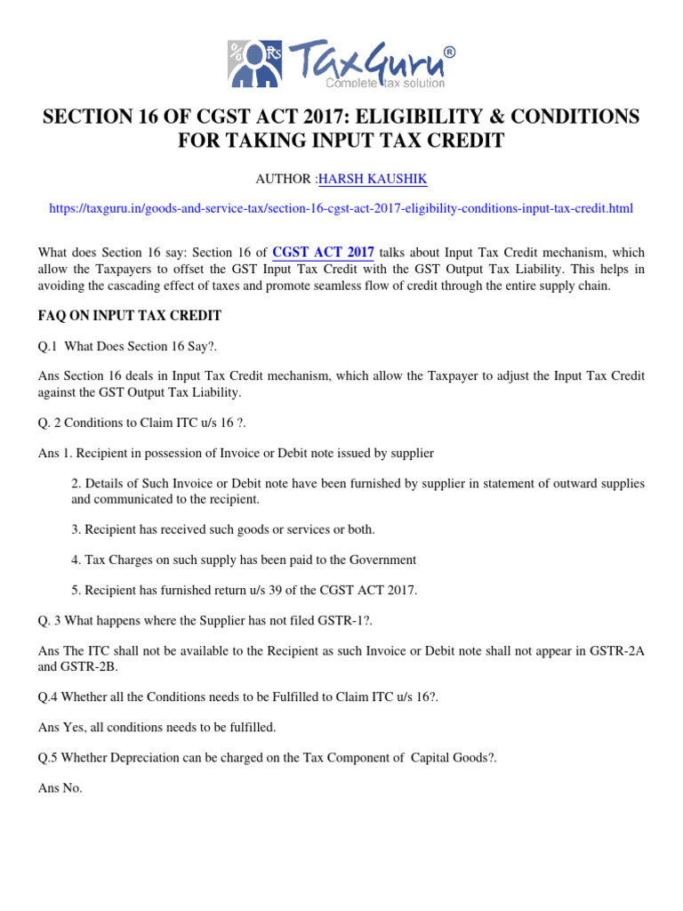 Section 16 CGST Act: ITC Eligibility Guide | PDF | Invoice | Tax Credit