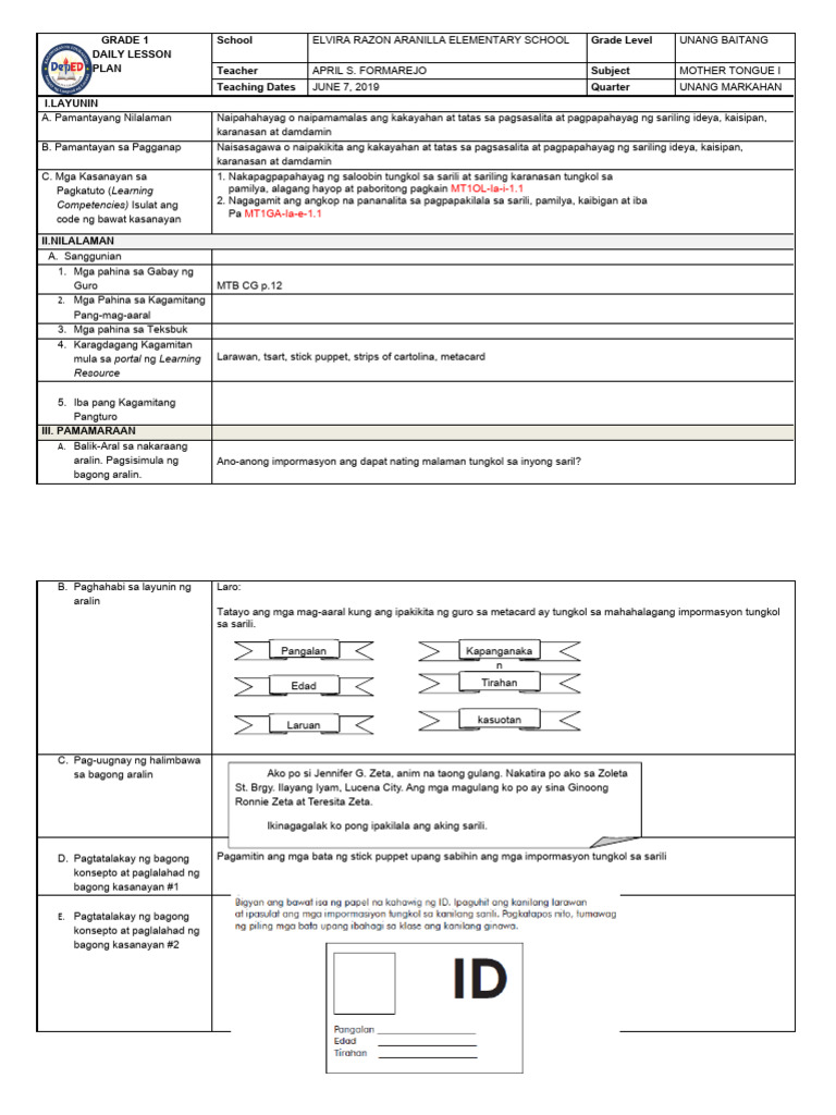 Daily Lesson Plan School Grade Level Teacher Subject Teaching Dates ...