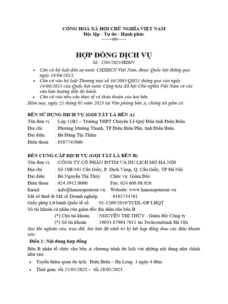 Hợp Đồng Dv Tour Điện Biên Hạ Long 3n4d 11b2 | PDF