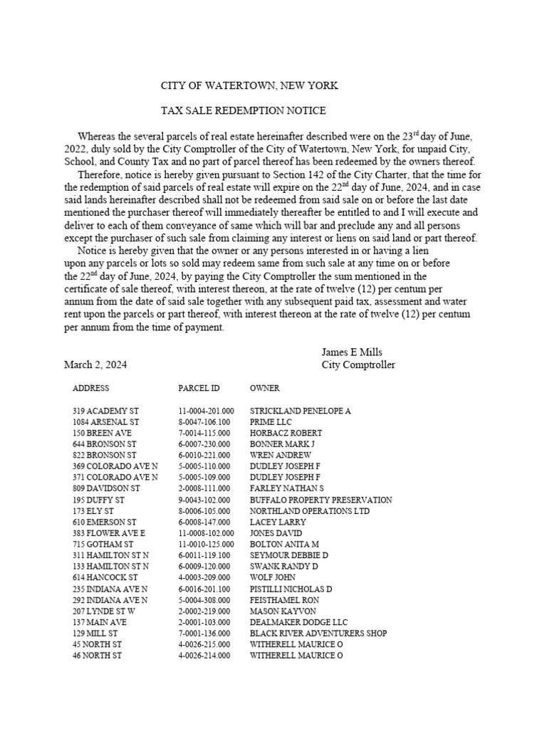 City of Watertown Tax Sale Redemption Notice | PDF | Land Law | Tax ...