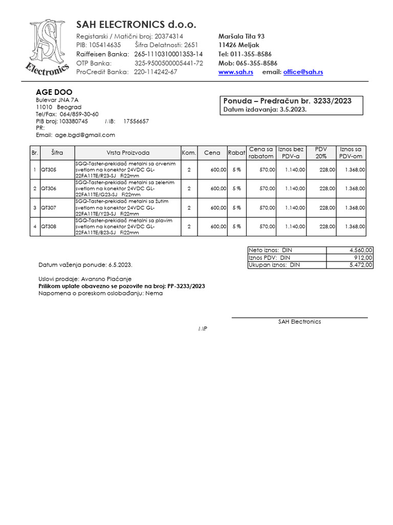 SAH Electronics Doo Ponuda - 2023 - 3233 | PDF