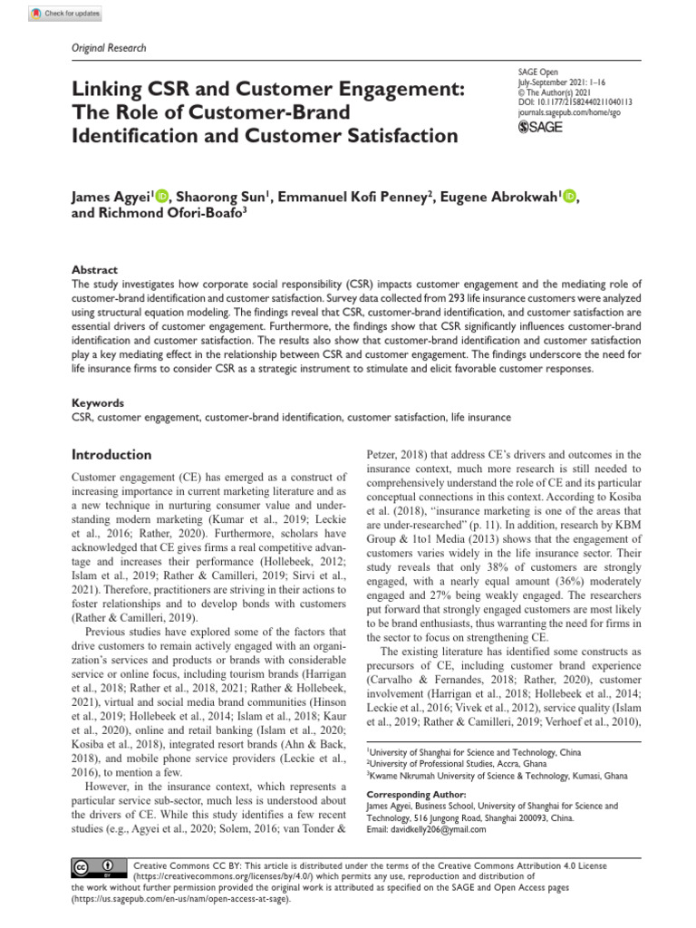 Agyei Et Al 2021 Linking CSR and Customer Engagement The Role of ...