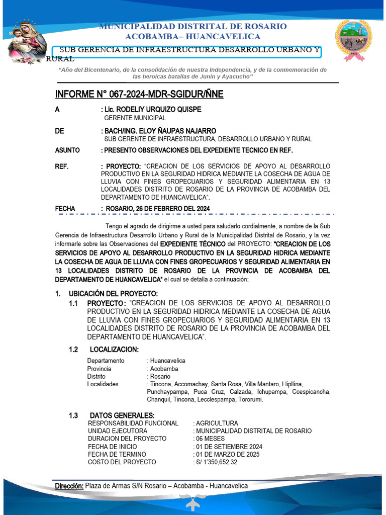 Informe #067-Presento Observaciones Del Expediente Tecnico en Ref. | PDF | Presupuesto