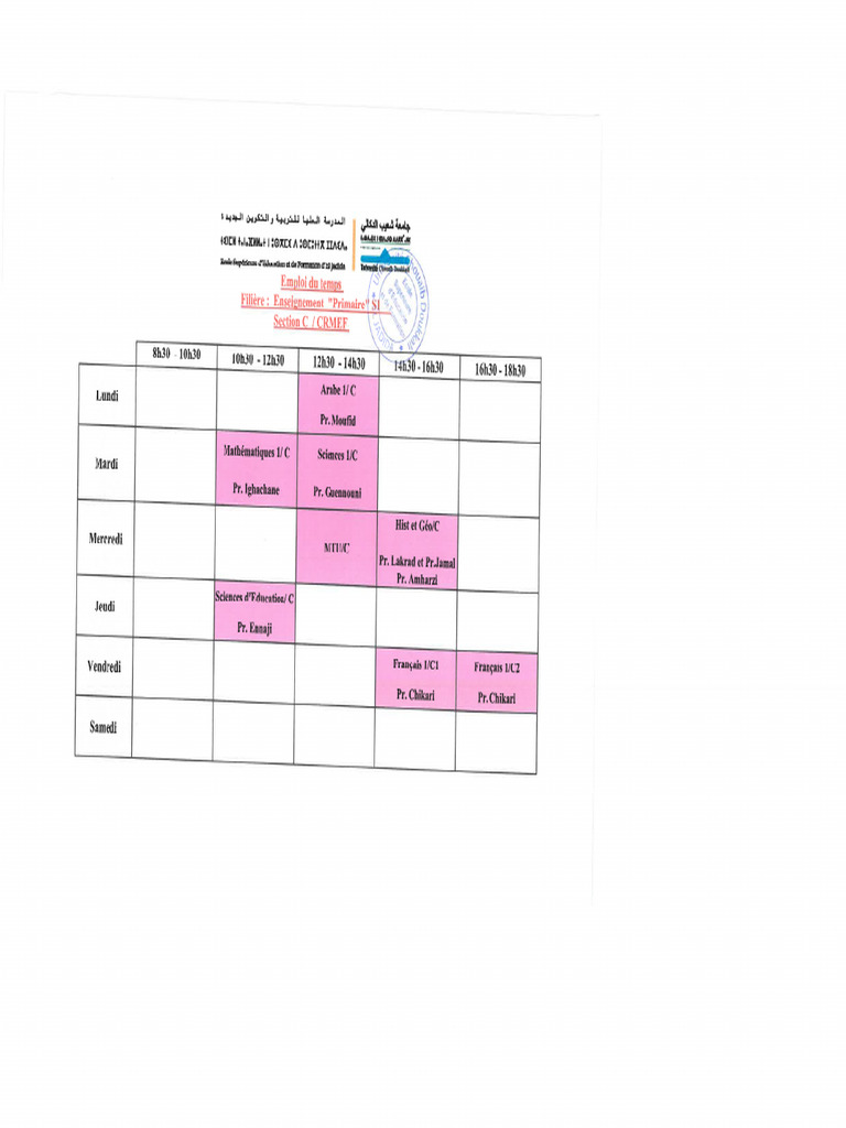Emploi Du Temps Primaire Section C | PDF