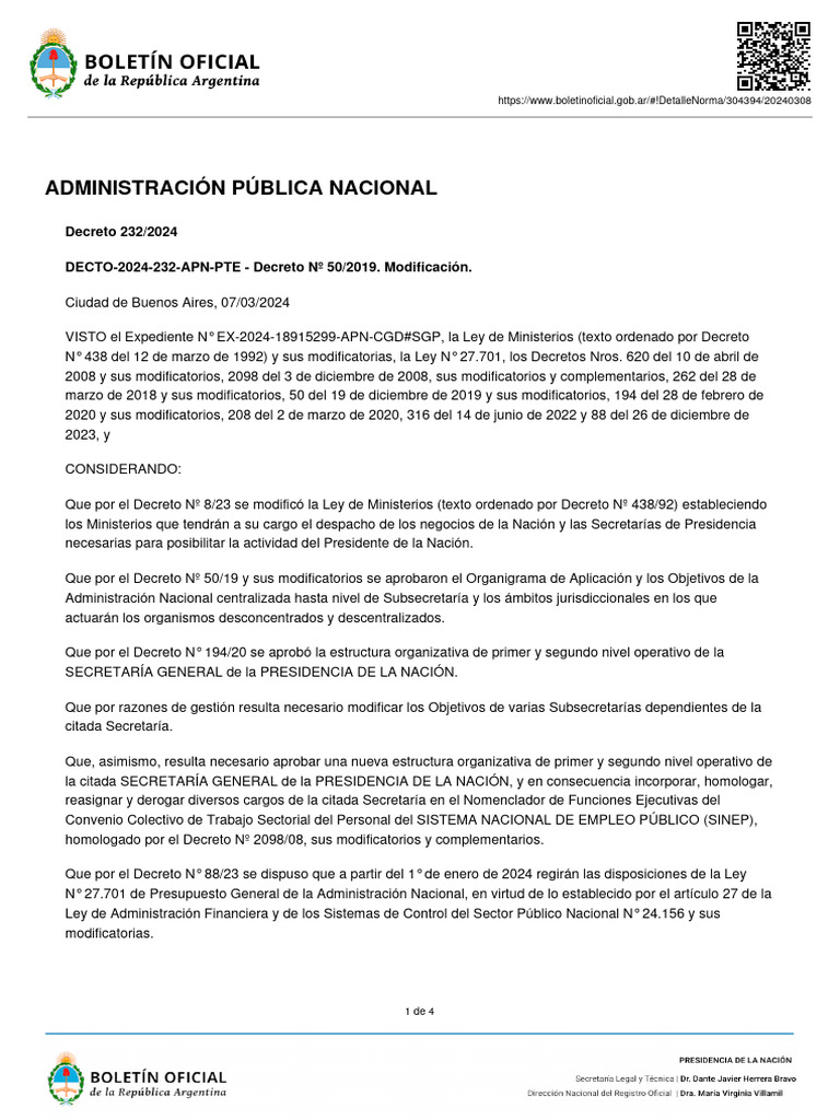 Administración Pública Nacional: Decreto 232/2024 DECTO-2024-232-APN ...