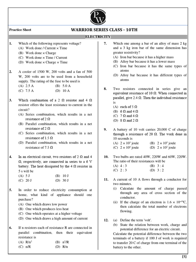 Electricity Practice Sheet for Class 10 | PDF | Series And Parallel Circuits | Electrical ...