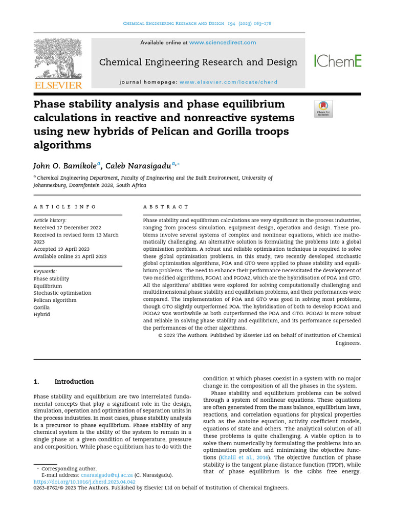 Phase stability analysis and phase equilibrium calculations in reactive and nonreactive systems ...