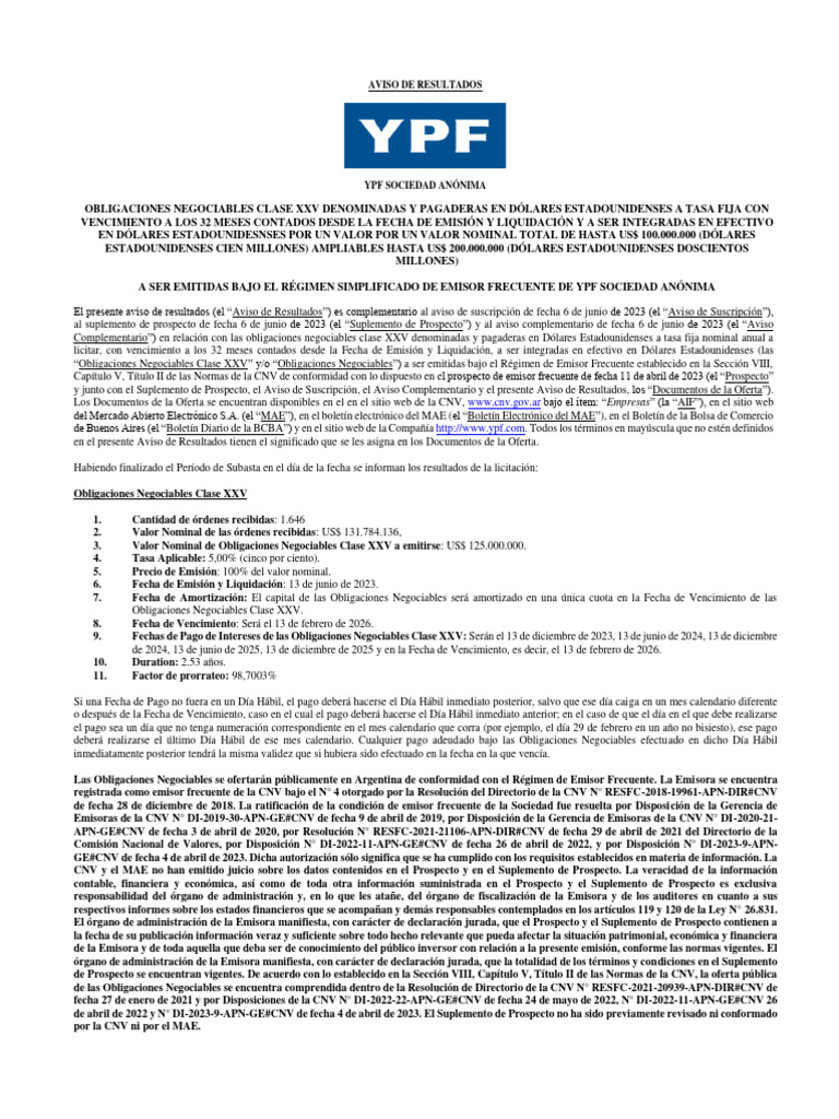 YPF - Aviso de Resultados on Clase XXV | PDF