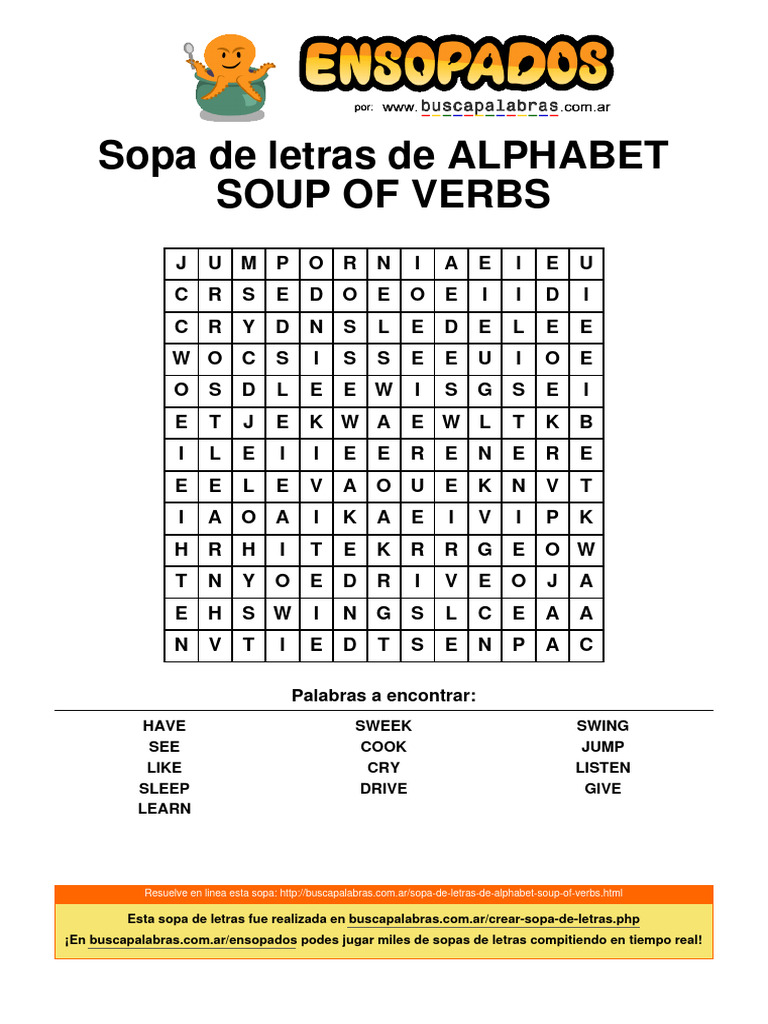 Sopa de letras: Verbos en inglés | PDF